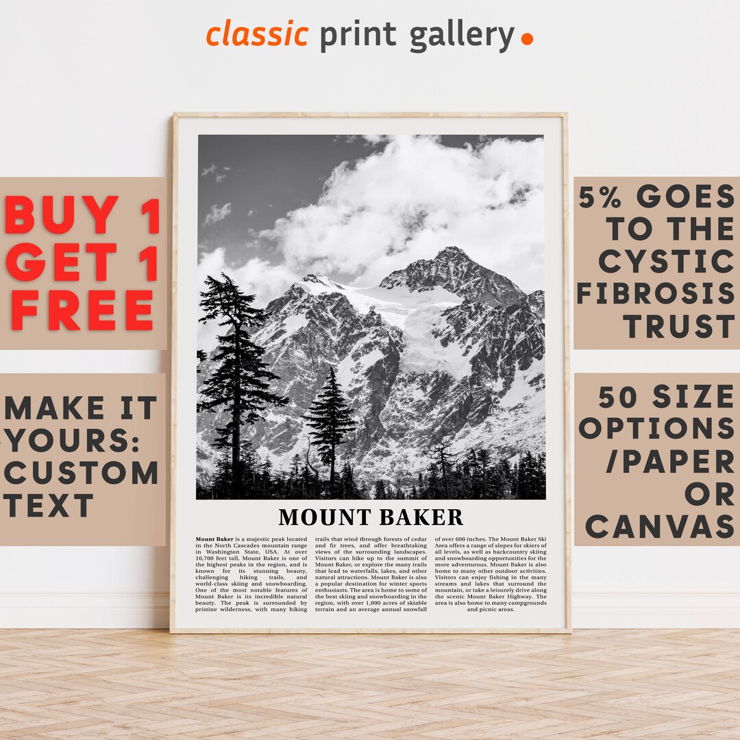 Mount Baker Print, Mount Baker Wall Art, Mount Baker Black and White ...