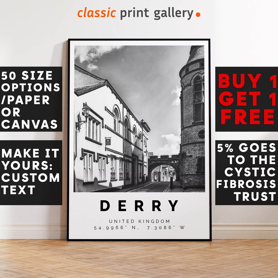 Derry Print Black and White Photo, Derry Wall Art, Derry Travel Poster ...