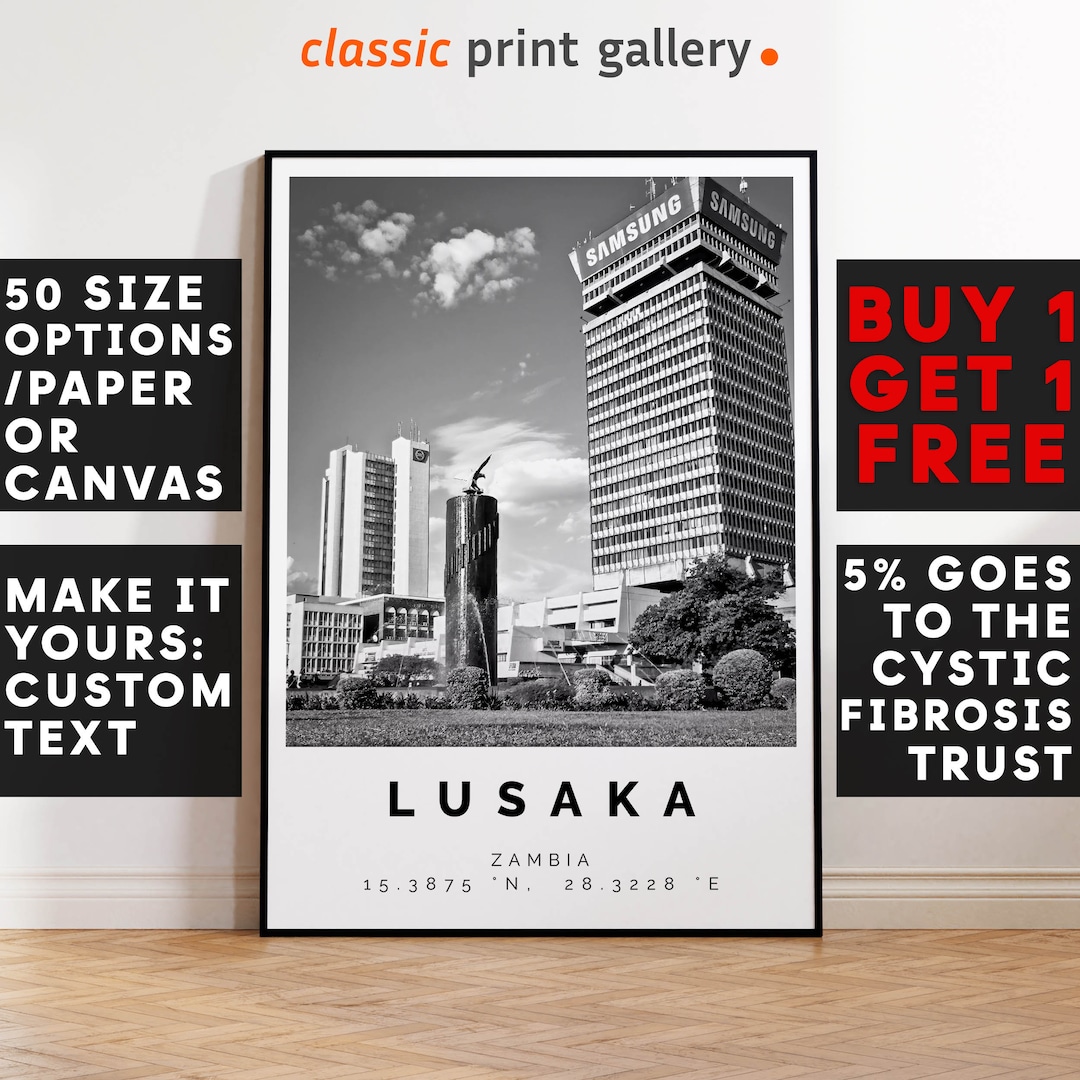 Lusaka Poster Black and White Print, Lusaka Wall Art, Lusaka Travel ...