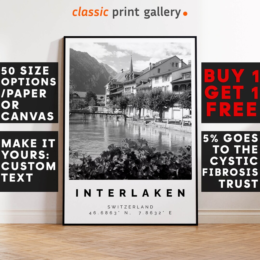Interlaken Poster Black and White Print, Interlaken Wall Art ...