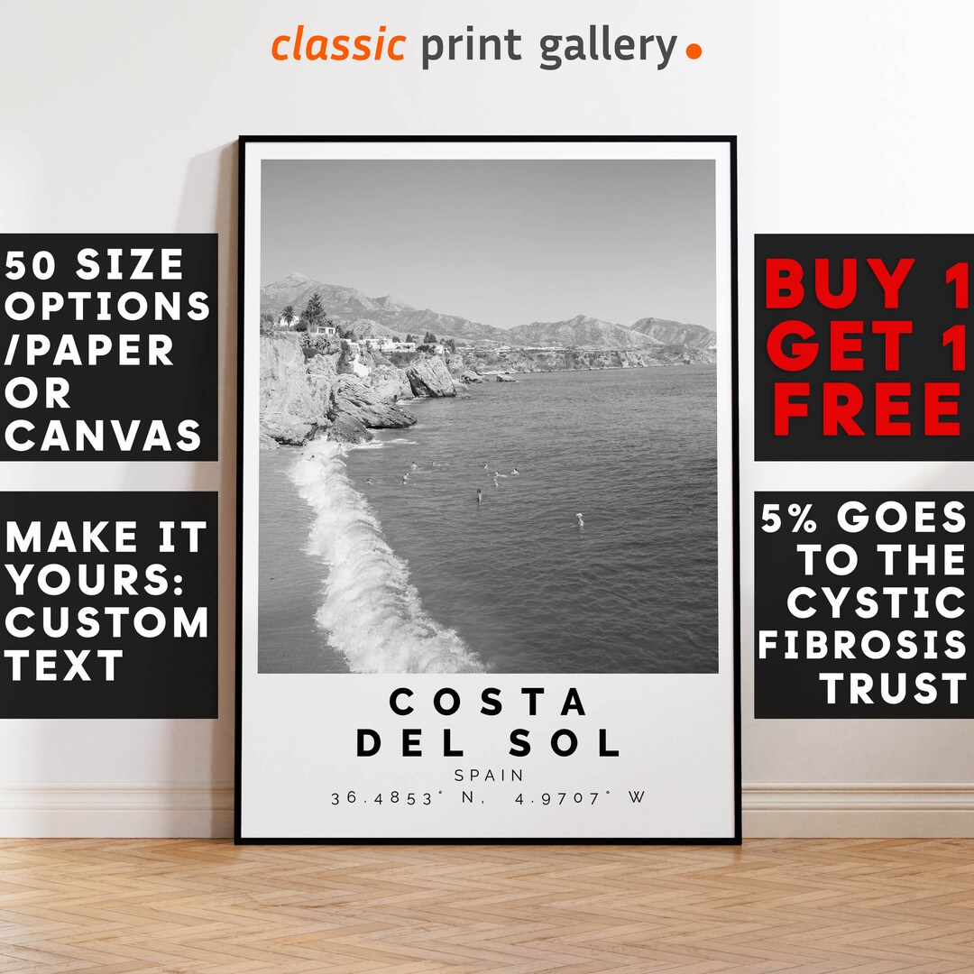 Costa Del Sol Poster Black and White Print, Costa Del Sol Wall Art ...