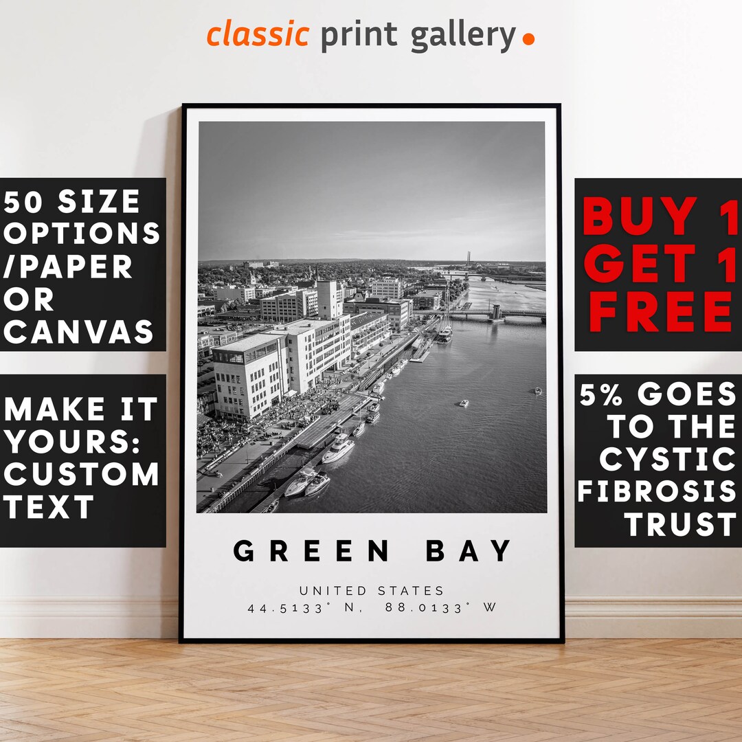 Green Bay Poster Black and White Print, Green Bay Wall Art, Green Bay ...