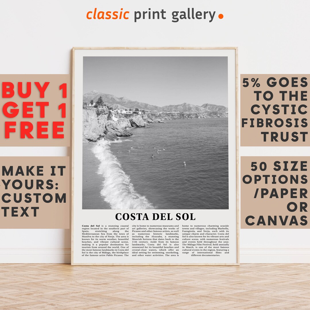 Costa Del Sol Print, Costa Del Sol Wall Art, Costa Del Sol Black and ...