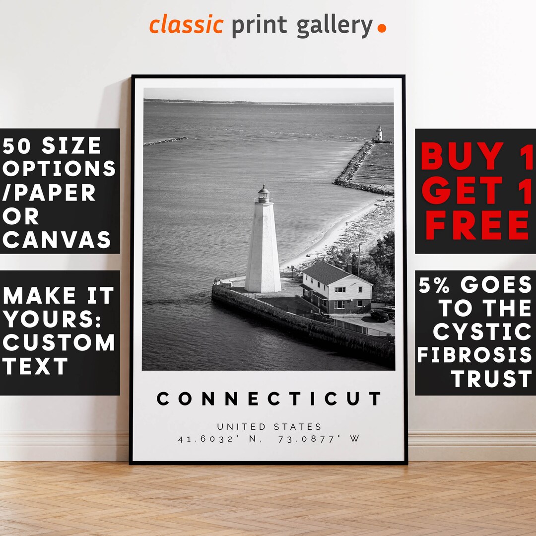 Connecticut Poster Black and White Print, Connecticut Wall Art ...