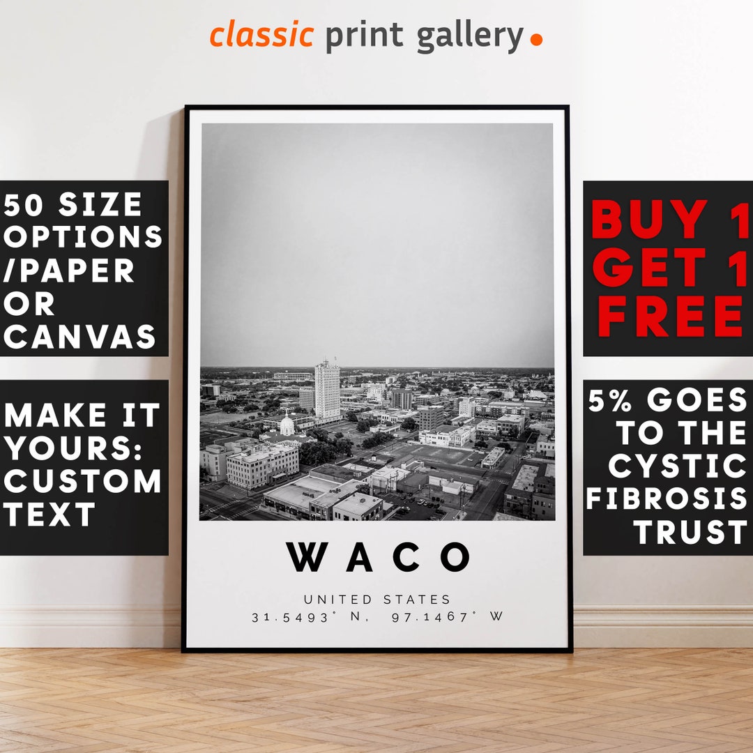 Waco Poster Black and White Print, Waco Wall Art, Waco Travel Poster ...