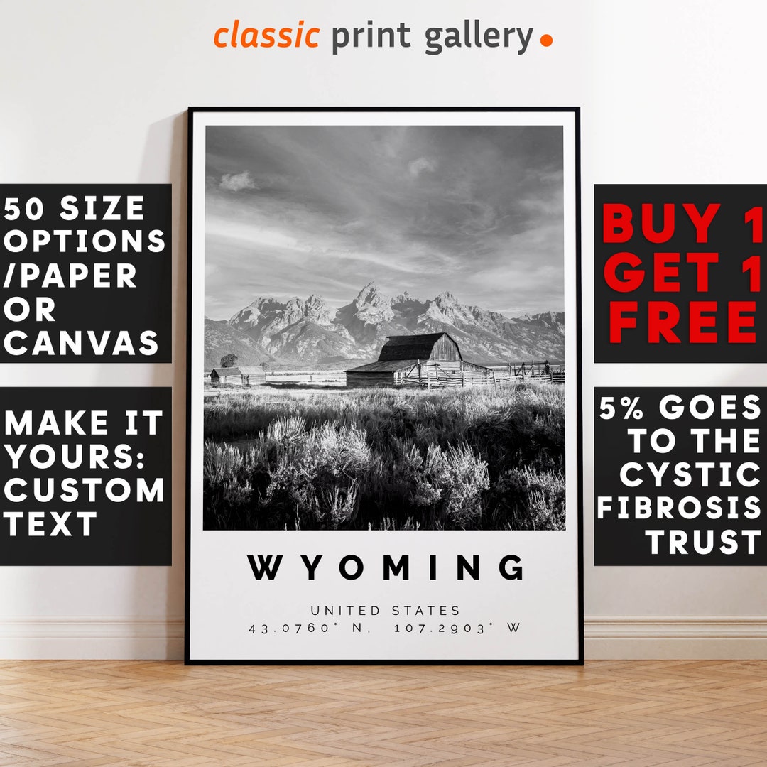 Wyoming Poster Black and White Print, Wyoming Wall Art, Wyoming Travel ...