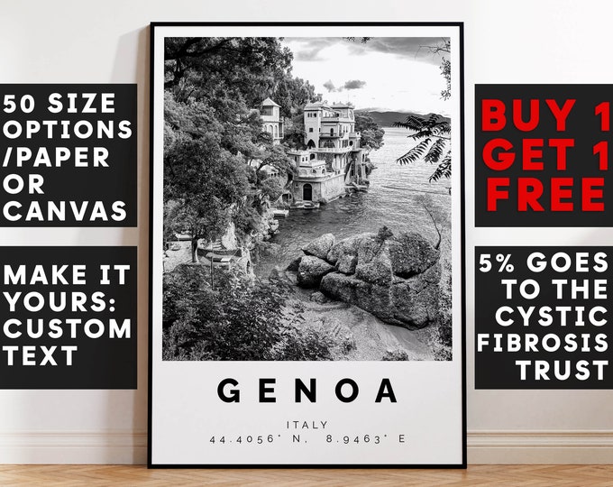 Genoa Poster Black and White Print, Genoa Wall Art, Genoa Travel Poster Photo, Genoa Map ...