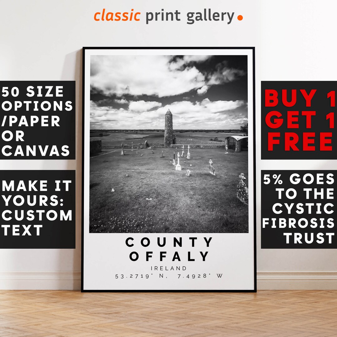 County Offaly Poster Black and White Print, County Offaly Wall Art ...