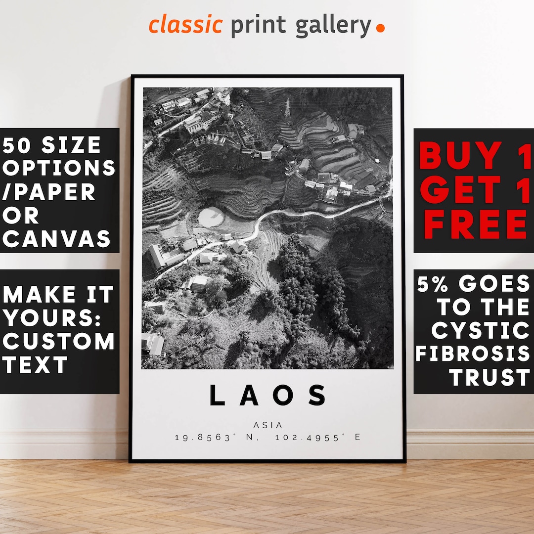 Laos Poster Black and White Print, Laos Wall Art, Laos Travel Poster ...