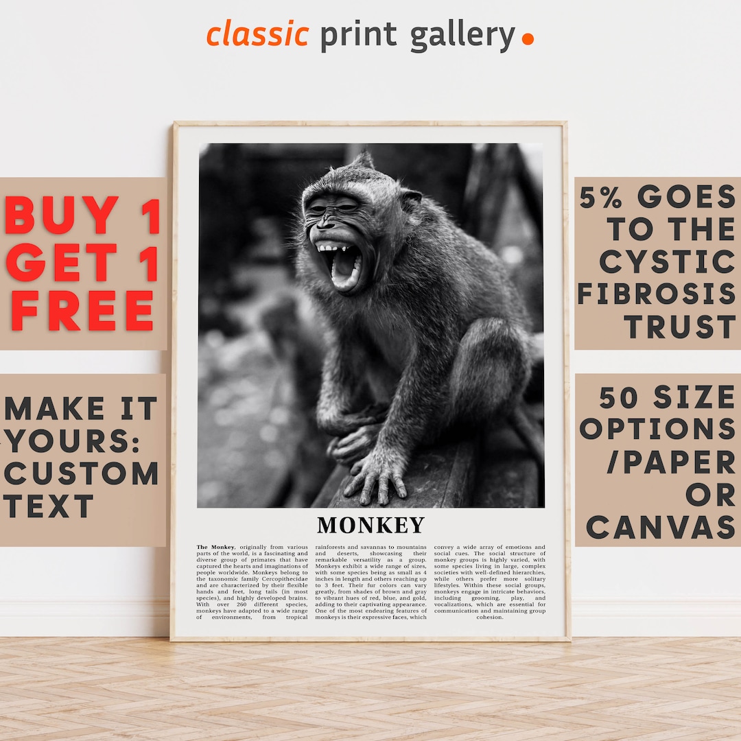 Monkey Print, Monkey Wall Art Poster, Black White Classroom Teacher ...