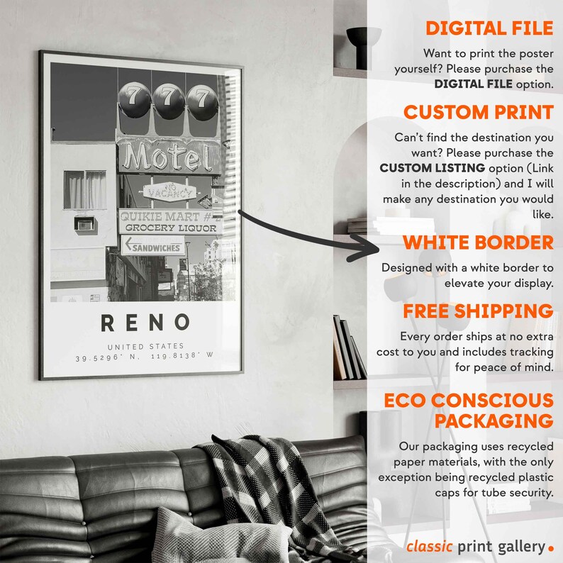 Reno Poster Black and White Print, Reno Wall Art, Reno Travel Poster ...
