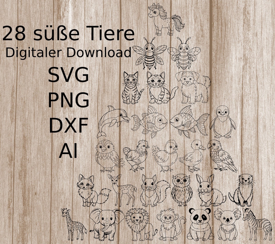 28 Cute Animals Digital File SVG PNG DXF Ai for Laser Cutters, Plotters ...