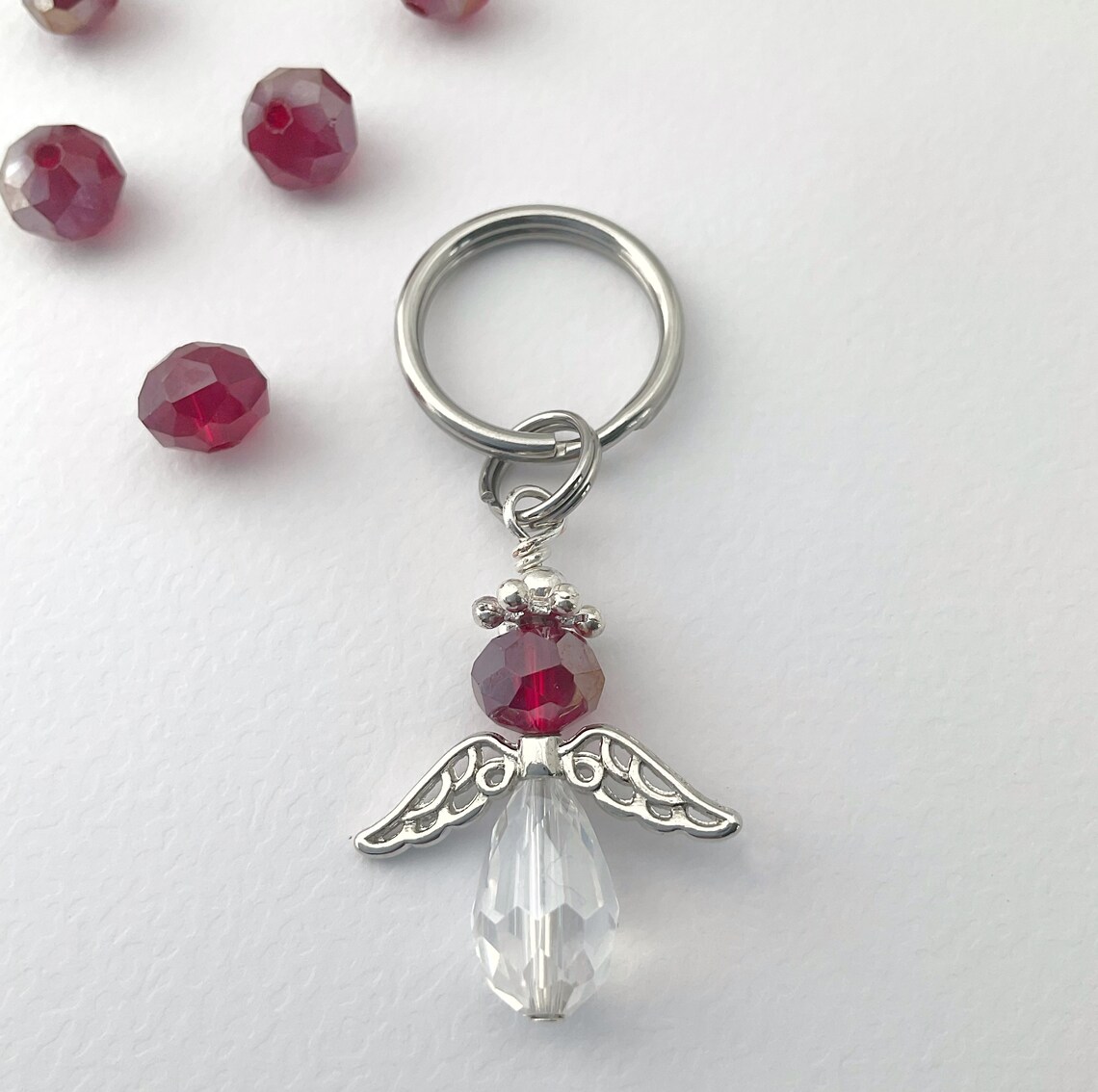 January Birthstone Crystal Angel Keychain, Garnet Colour Beaded Silver ...