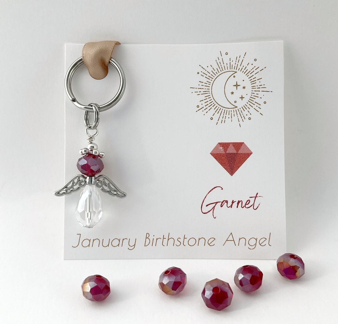 January Birthstone Crystal Angel Keychain, Garnet Colour Beaded Silver ...