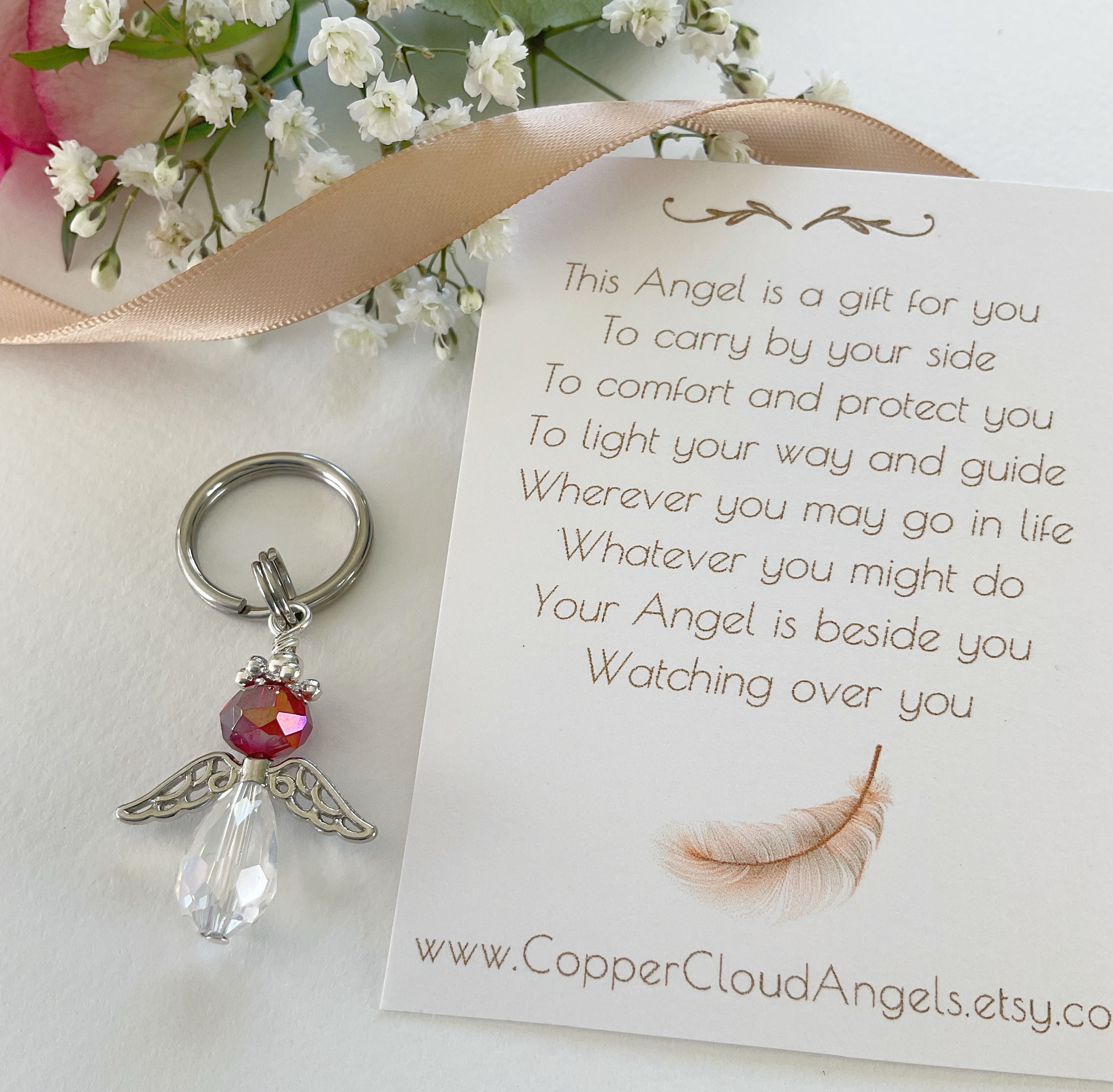 January Birthstone Crystal Angel Keychain, Garnet Colour Beaded Silver ...