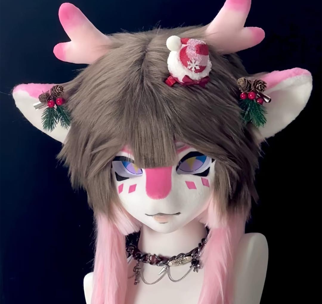 Kigurumi Fur Head, Cute Furry Mask Head, Furi Cos, Pink Deer Fursuit ...