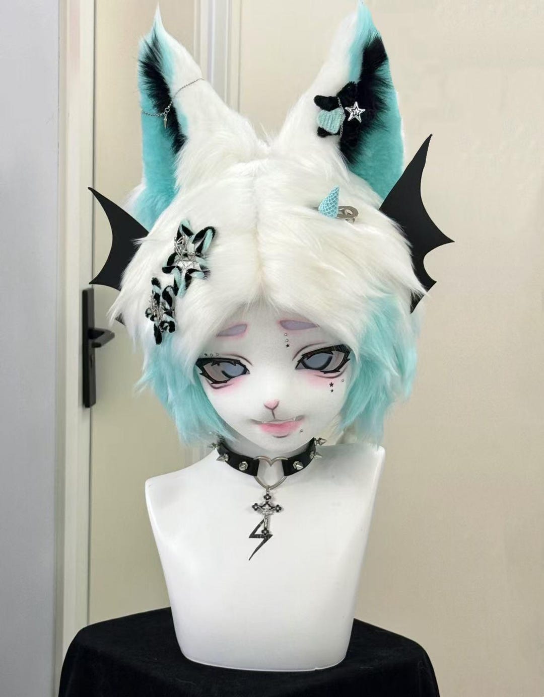 Kigurumi Furry Head-blue Devil Girl,gothic Style Furry Mask Head, Y2K ...