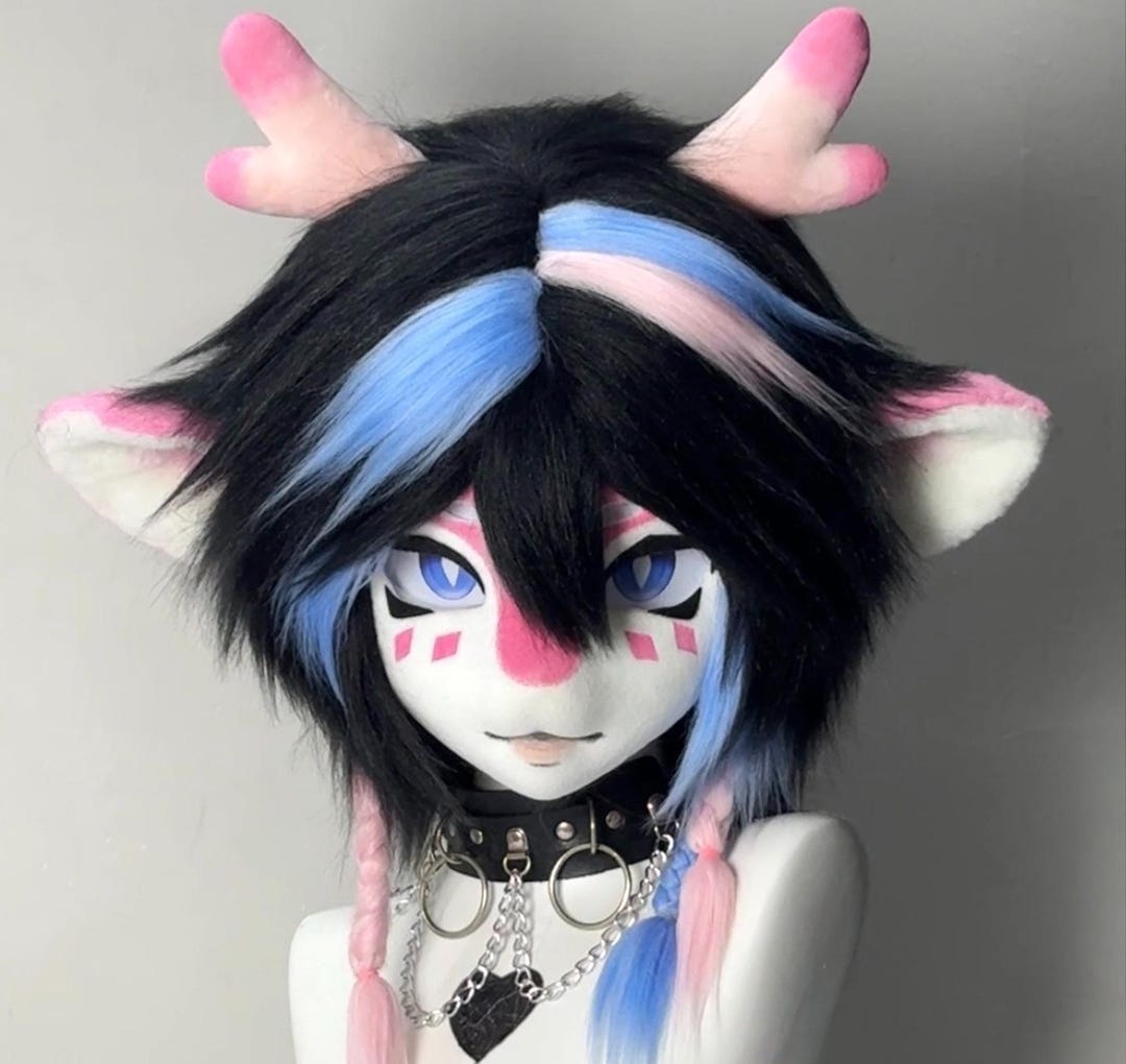 Kigurumi Fur Head, Cute Furry Mask Head, Furi Cos, Pink Deer Fursuit ...
