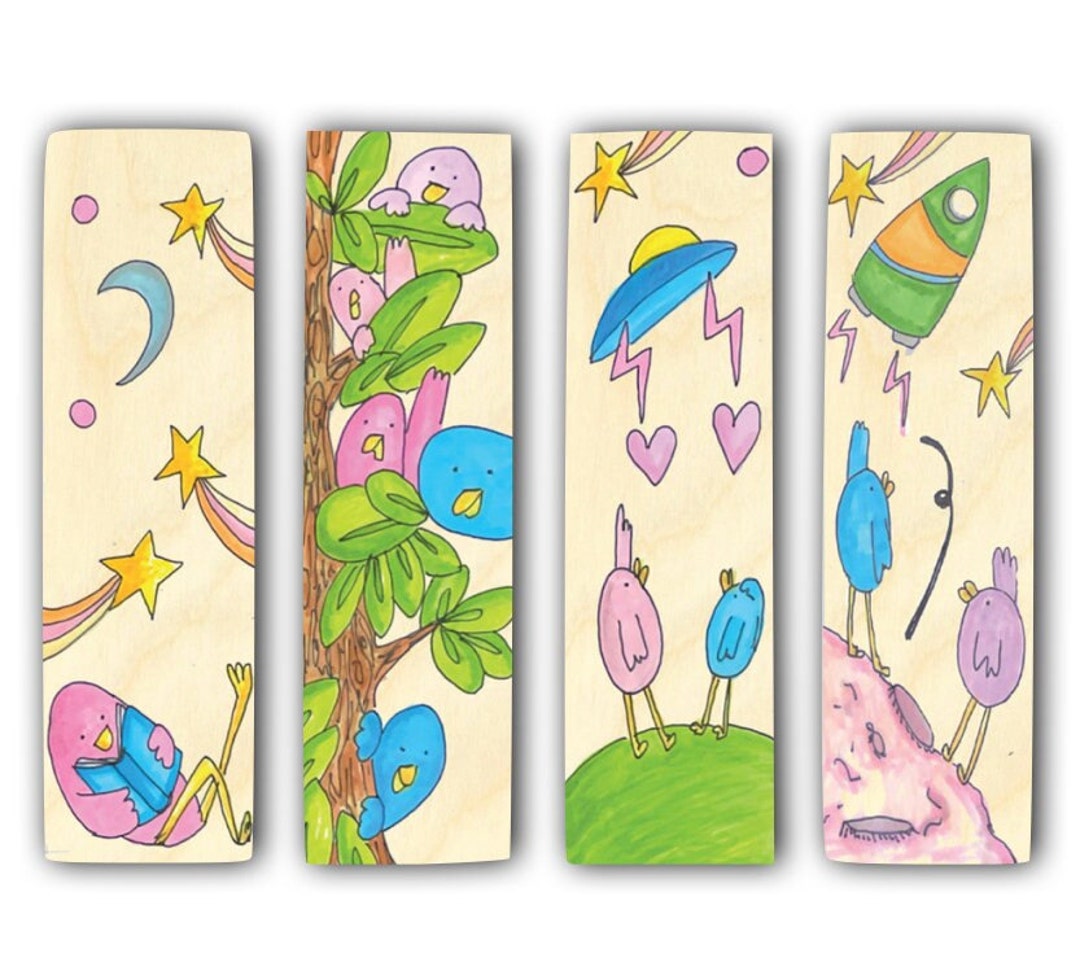 Birch Wooden Bookmark: Colorful Bird & Space Designs - Etsy UK