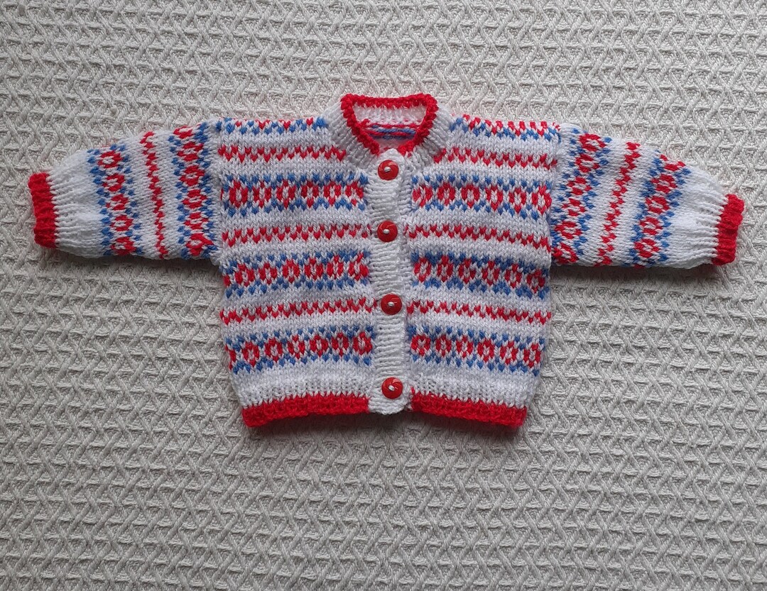 Striking Cute Fairisle Cardigan in White Red and Blue. for - Etsy