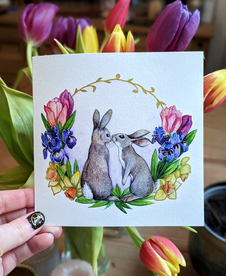 Cute Hand Finished Illustrated Easter Card With Rabbits, Bunnies, Iris ...