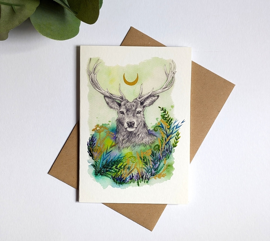 Stag Greetings Card, Mystical Stag Artwork, Wildlife Card, Moon Card ...