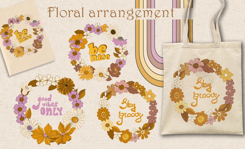 Retro Groovy Clipart Set - Comercial Use - Flowers - Frases ...