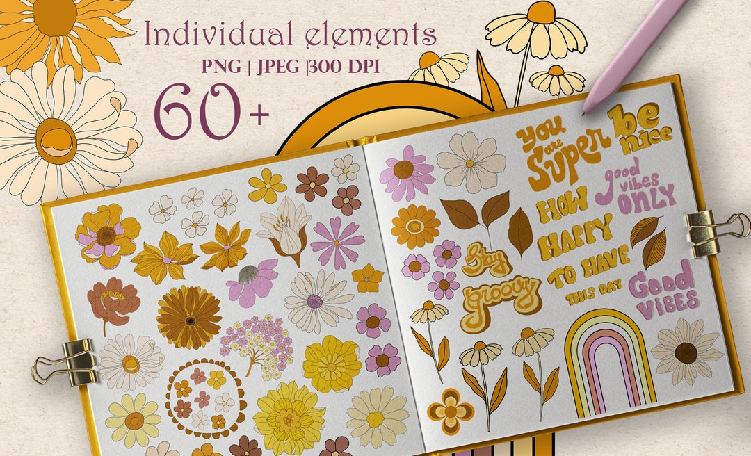 Retro Groovy Clipart Set - Comercial Use - Flowers - Frases ...