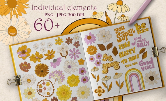 Retro Groovy Clipart Set Comercial Use Flowers Frases - Etsy