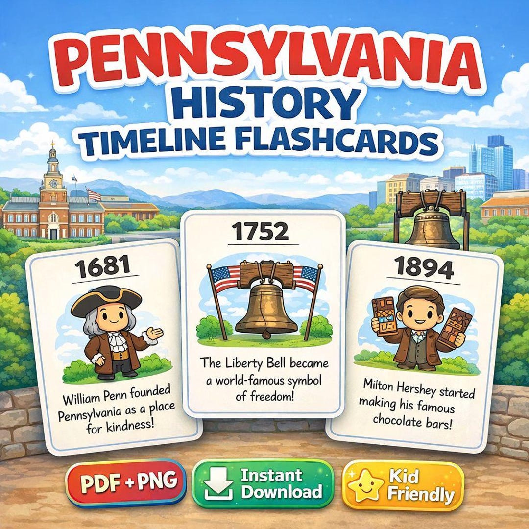 Pennsylvania History Timeline Flashcards for Kids | Printable ...