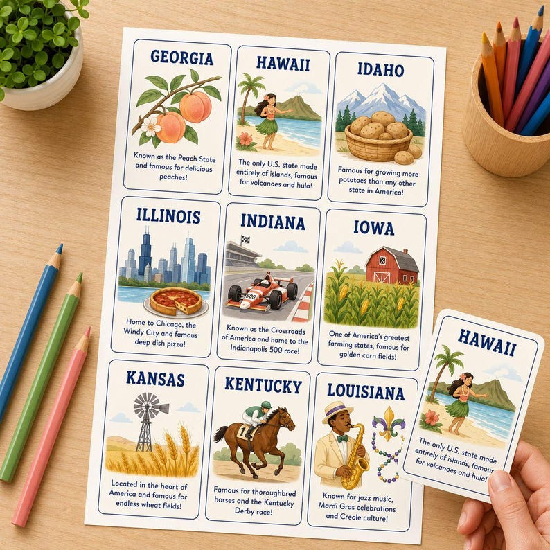 50 U.S. States Flashcards for Kids, USA Geography Printable Cards ...