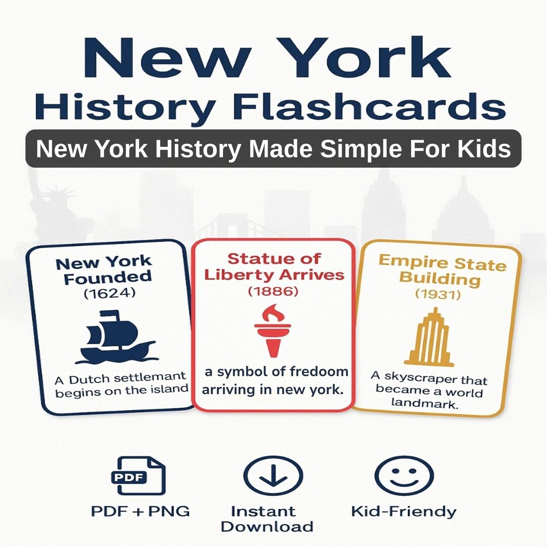 New York History Flashcards for Kids | Printable PDF + PNG - Etsy