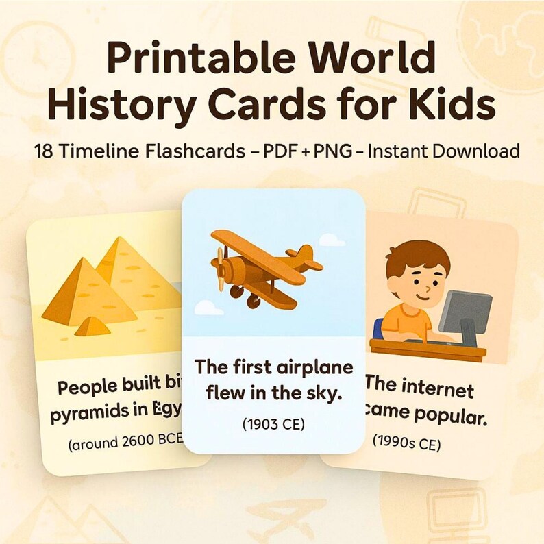 Printable World History Cards for Kids – 18 Timeline Flashcards ...