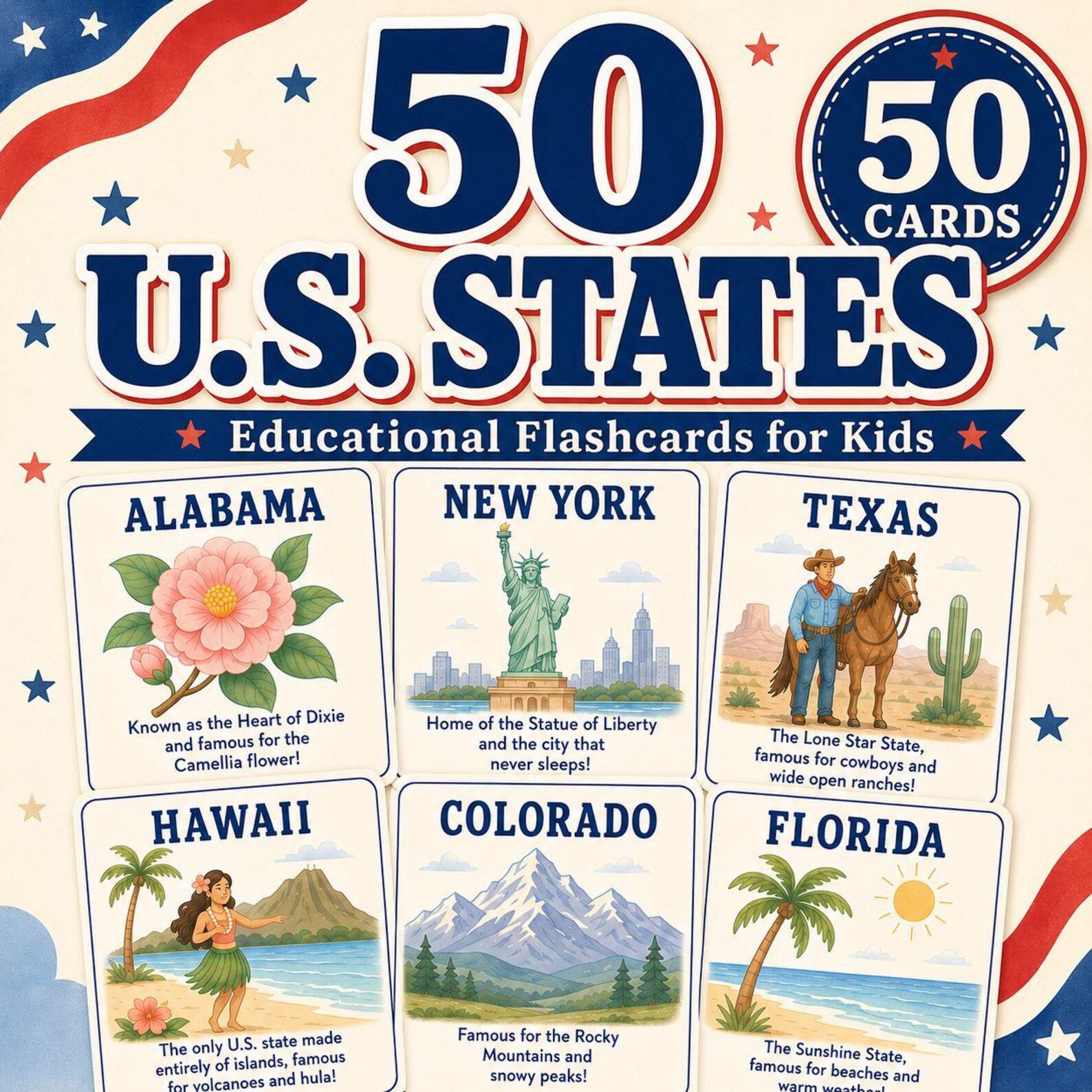 50 U.S. States Flashcards for Kids, USA Geography Printable Cards ...