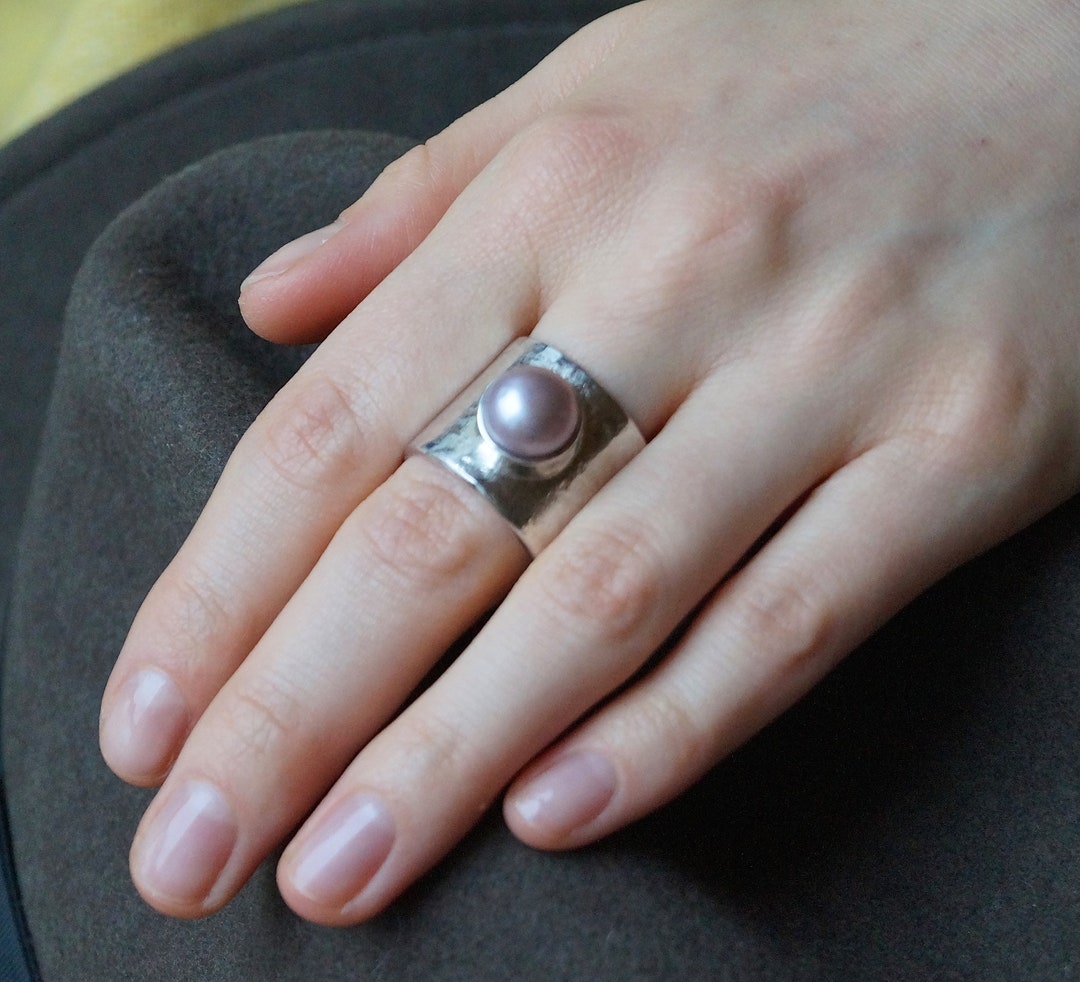 Pearl Ring With Pink Freshwater Pearl, Wide Silver Ring With an ...