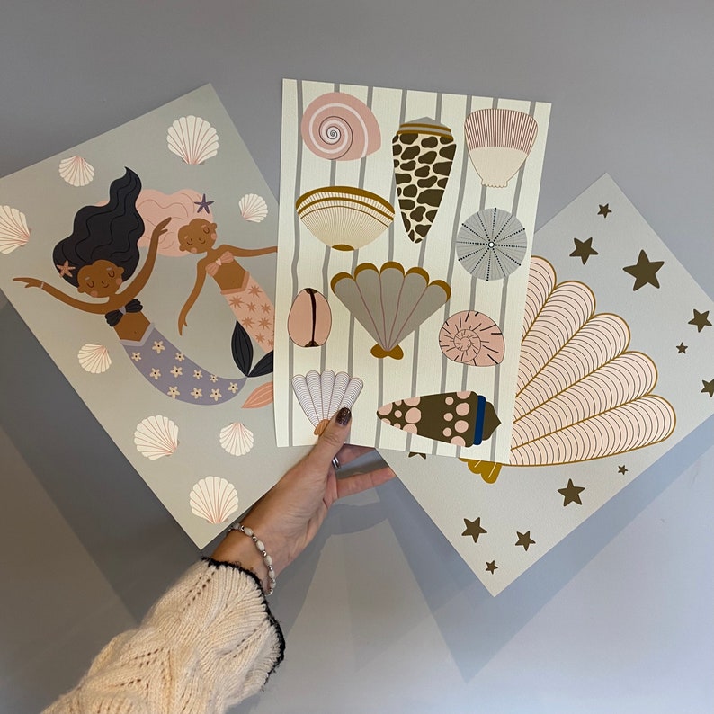 Mermaid and Shell Themed Prints for a Nursery, Little Girls Room or ...