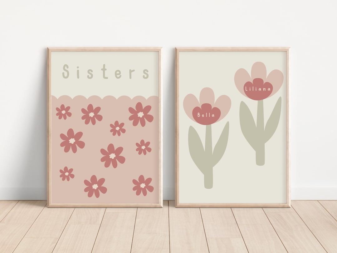 Personalised Sisters Prints. Set of 2 Name and Flower Prints for Girls ...