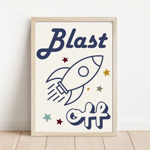 Retro Blast off Rocket and Space Print for Child's Room or Playroom ...