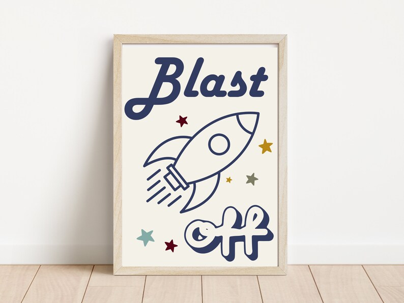 Retro Blast off Rocket and Space Print for Child's Room or Playroom ...