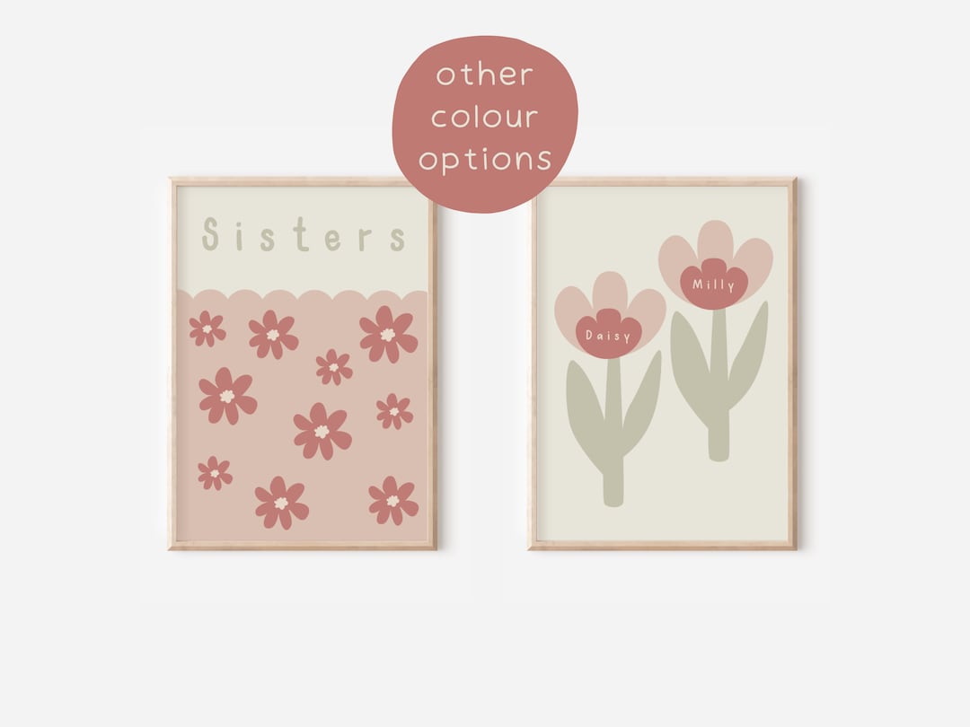 Personalised Sisters Prints. Set of 2 Name and Flower Prints for Girls ...