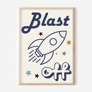 Retro Blast off Rocket and Space Print for Child's Room or Playroom ...