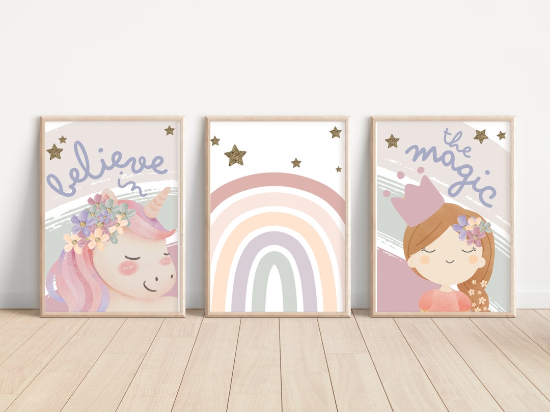 Set of 3 Unicorn, Princess and Rainbow Prints. Perfect for a Girls Room ...