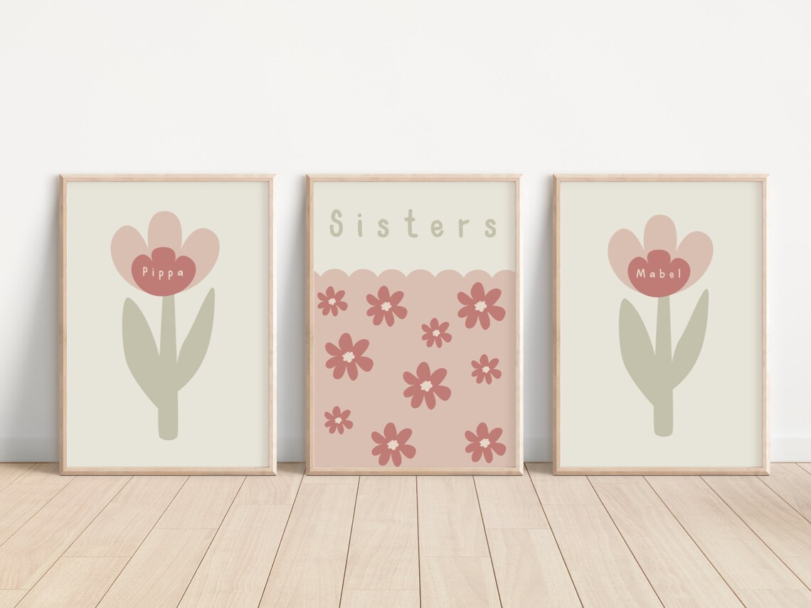 Personalised Sisters Prints. Set of 3 Name and Flower Prints for Girls ...