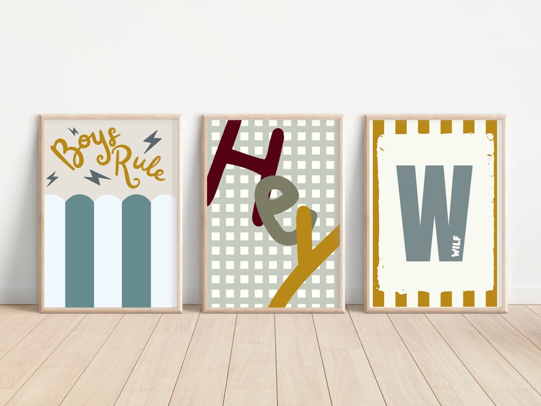 Set of 3 Boys Rule, Hey and a Personalised Initial Print. Perfect for a ...