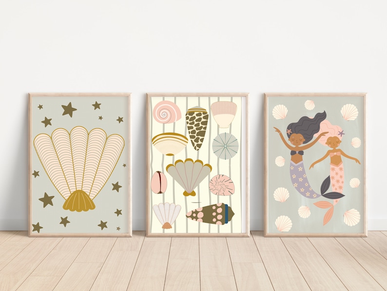 Mermaid and Shell Themed Prints for a Nursery, Little Girls Room or ...