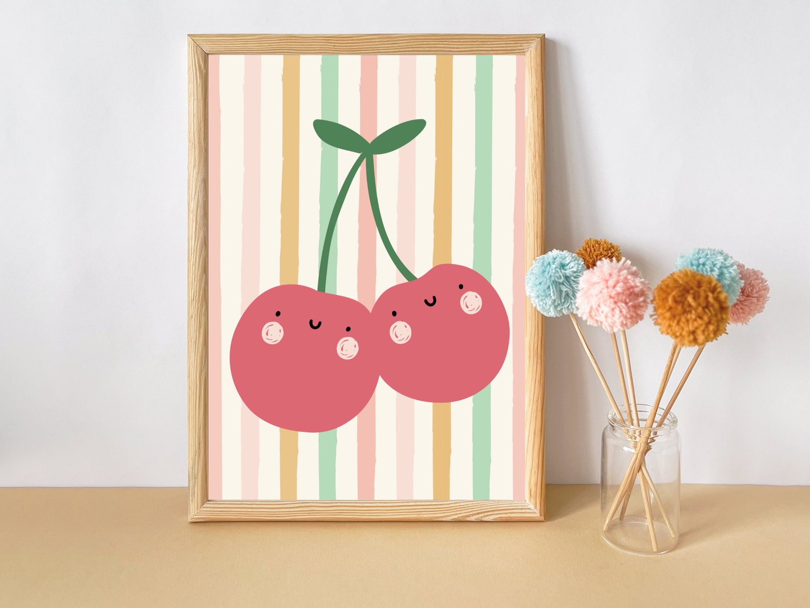 Bright Pastel Striped Cherry Print (unframed) - Etsy
