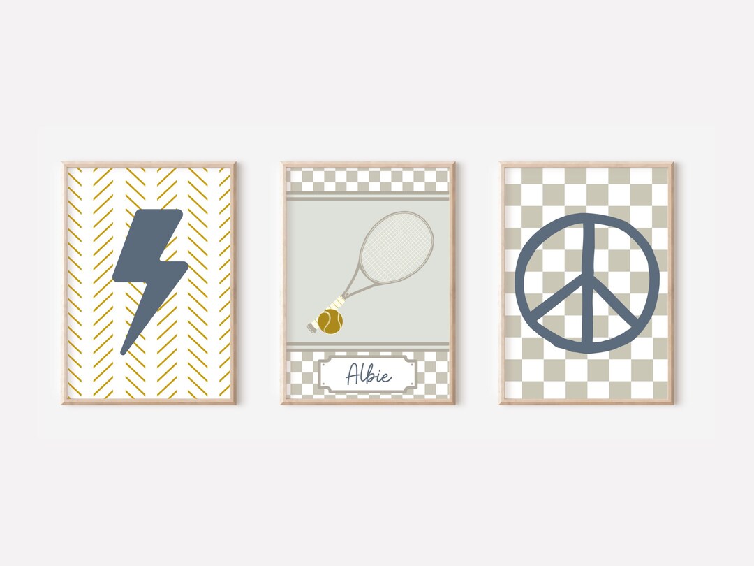 Set of 3 Personalised Tennis, Lightning Bolt and Peace Sign Prints ...