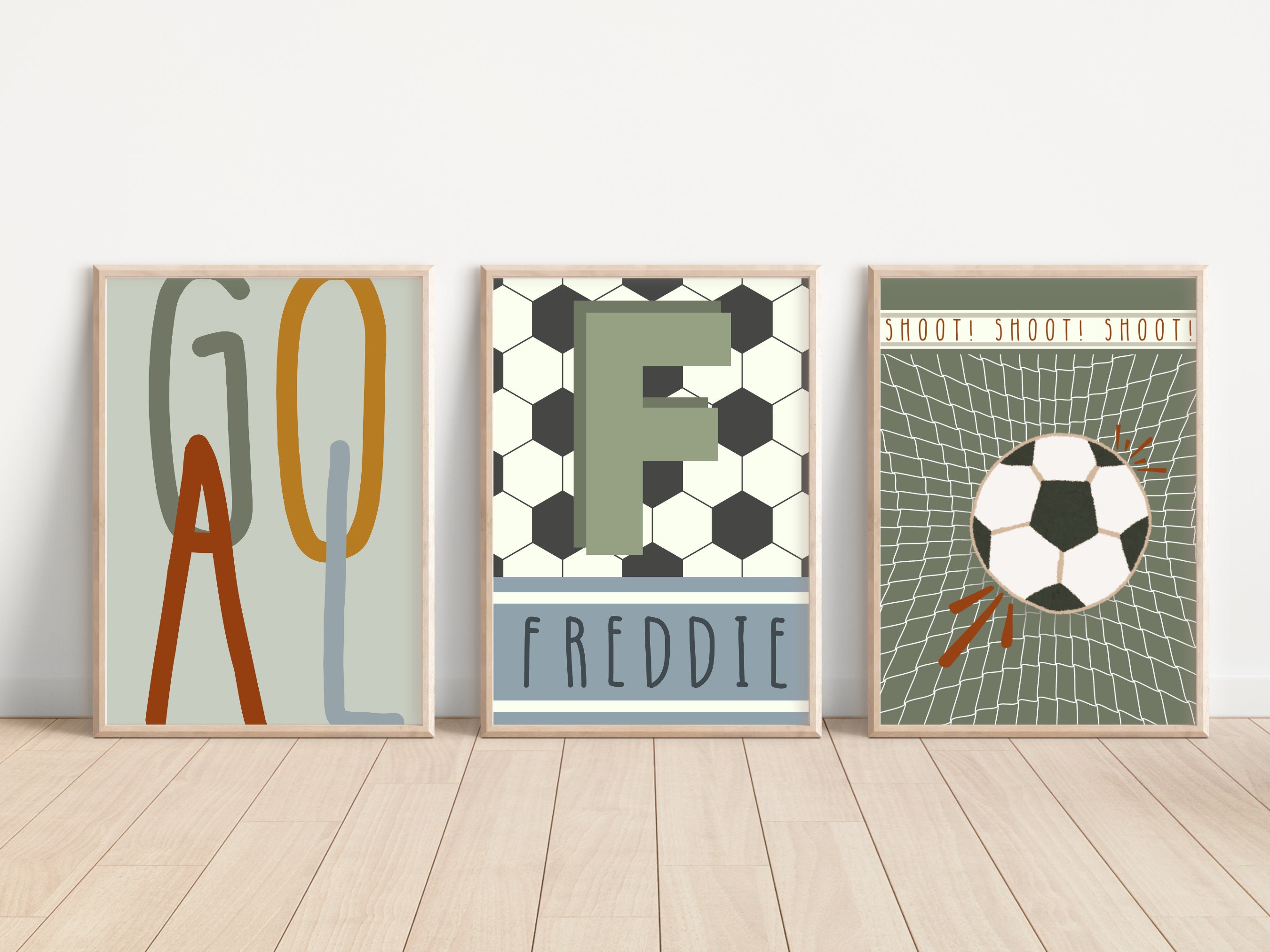 Set of 3 Football Including a Personalised Name Print for a Bedroom or ...
