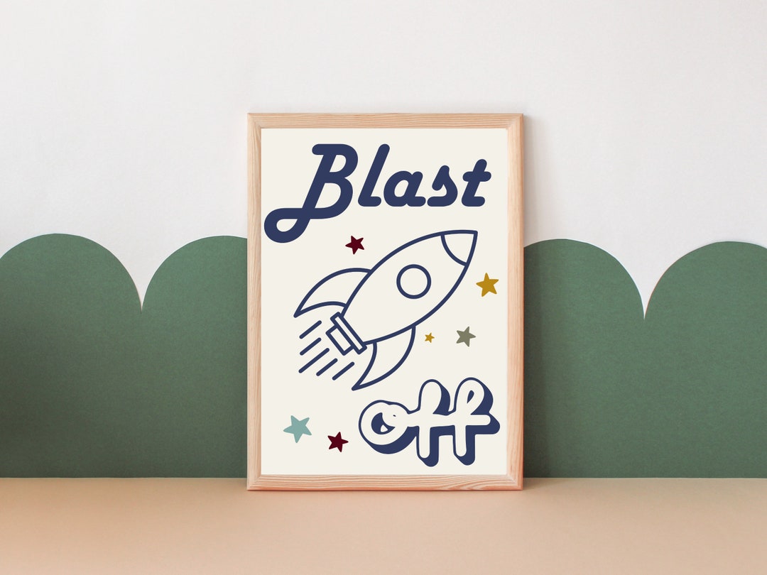 Retro Blast off Rocket and Space Print for Child's Room or Playroom ...