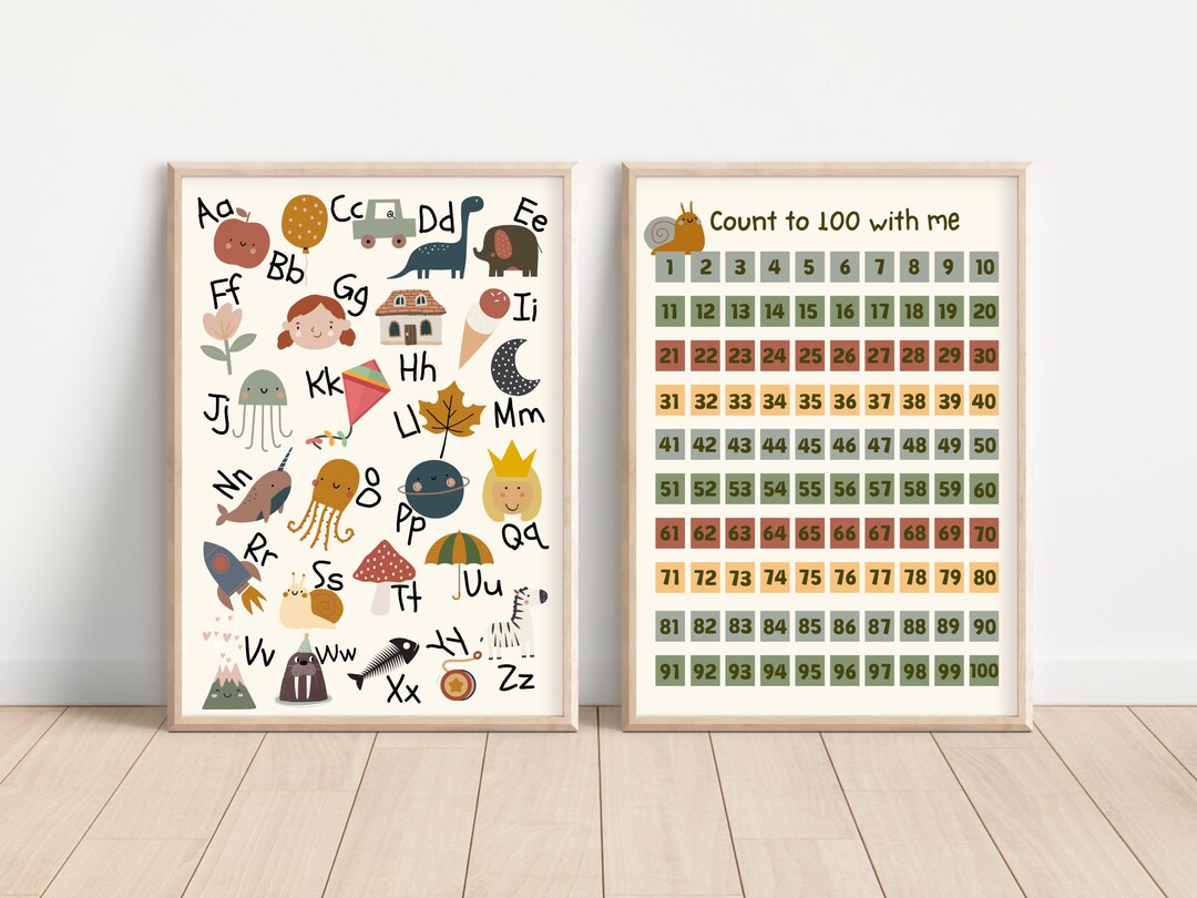 Educational Alphabet and Count to 100 Numbers Prints. Set of 2 (prints ...